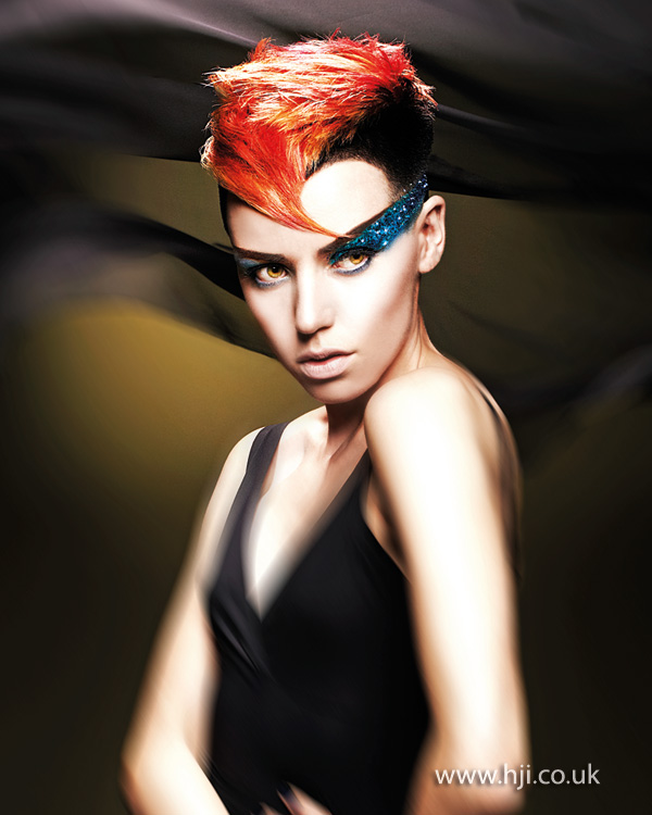 2016 Copper with blonde highlights choppy box bob with blunt piecy fringe