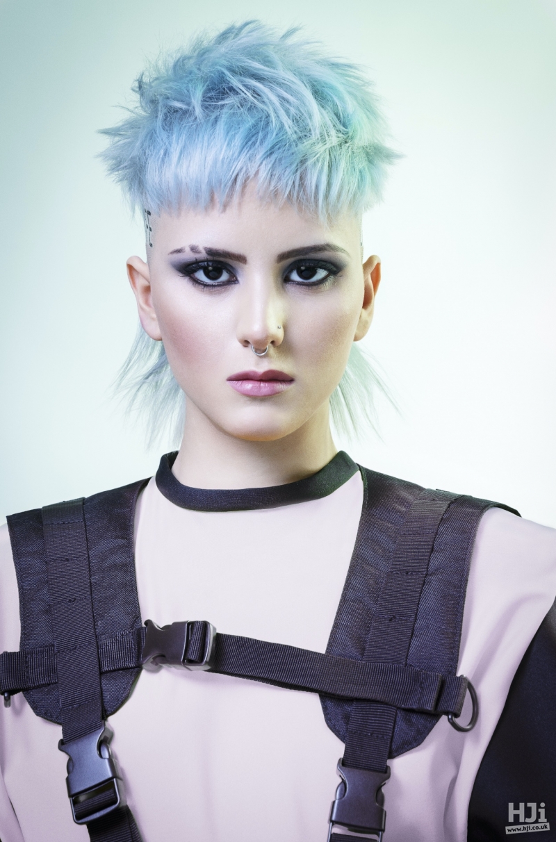 Blue and spiky mullet hairstyle with short fringe